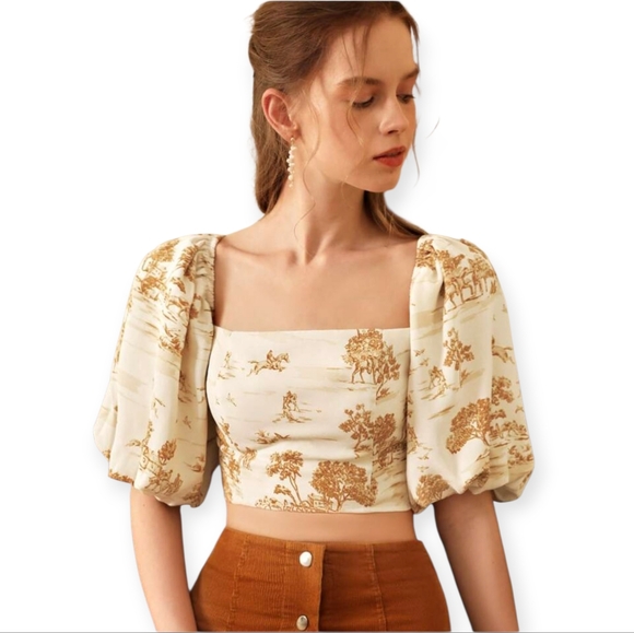 SHEIN | Tops | Shein Mod Printed Square Neck Puff Sleeve Cropped Top ...